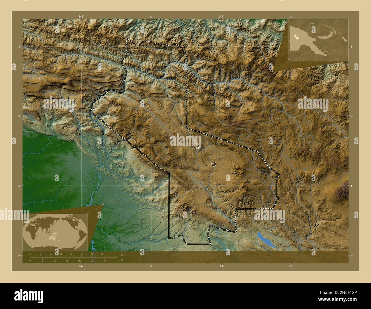 Hela, province of Papua New Guinea. Colored elevation map with lakes ...