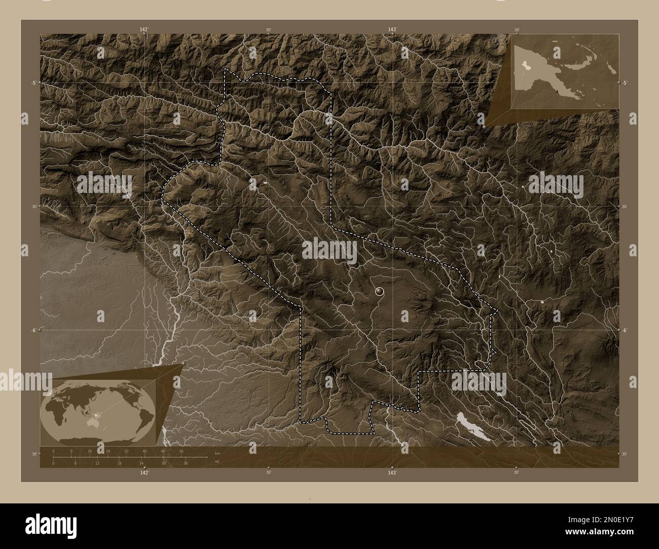 Hela, province of Papua New Guinea. Elevation map colored in sepia ...