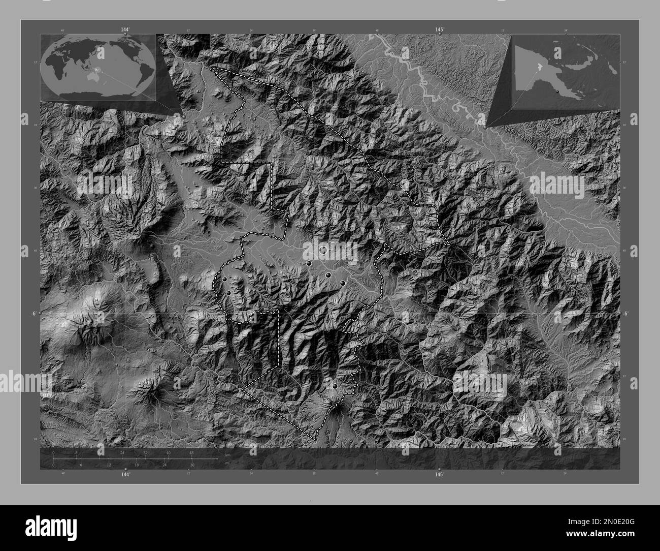 Jiwaka, province of Papua New Guinea. Bilevel elevation map with lakes ...