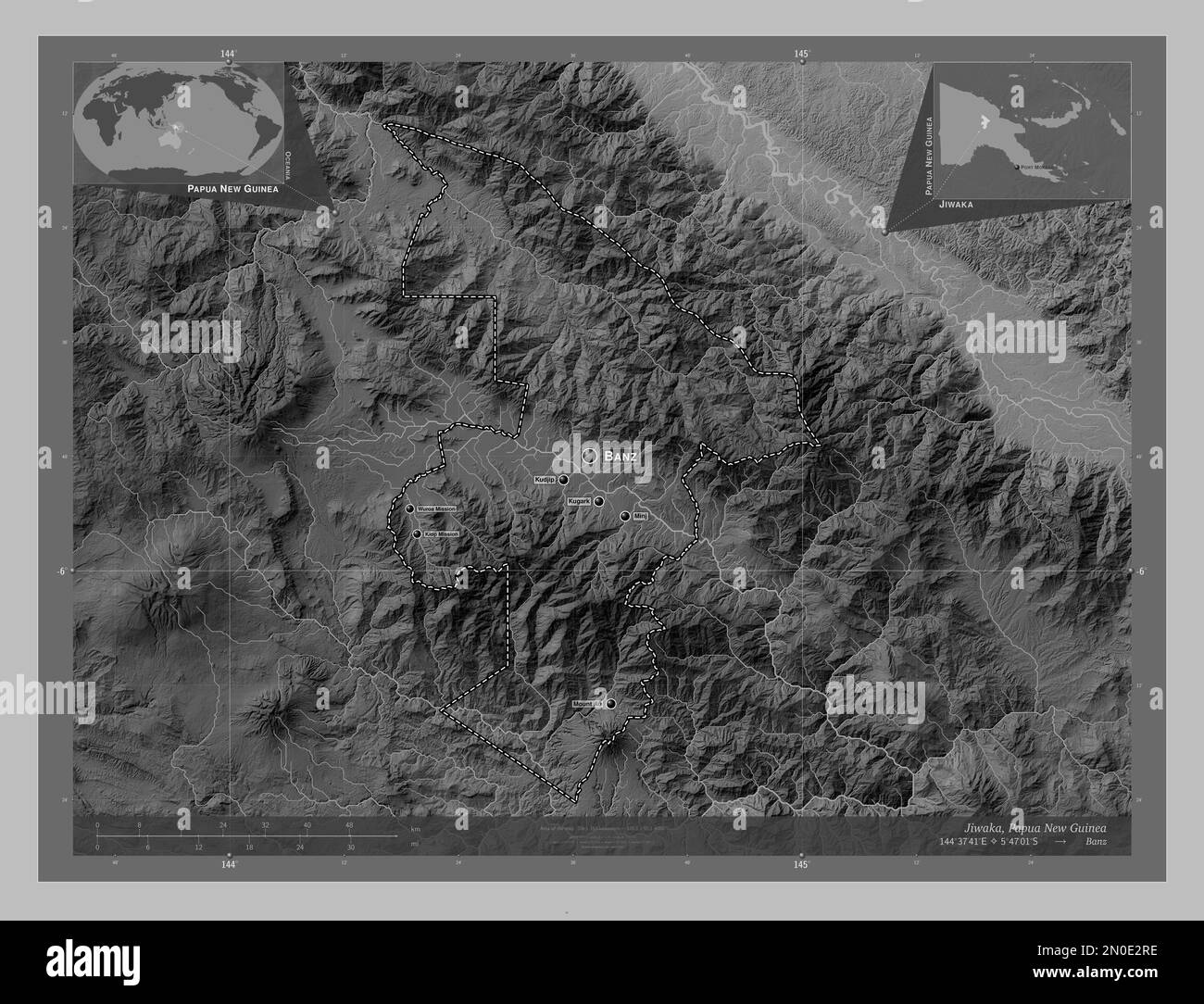 Jiwaka, province of Papua New Guinea. Grayscale elevation map with ...