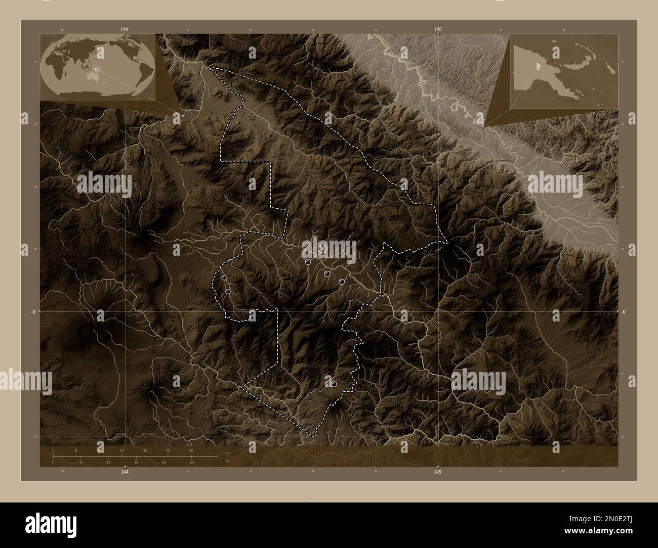 Jiwaka, province of Papua New Guinea. Elevation map colored in sepia ...