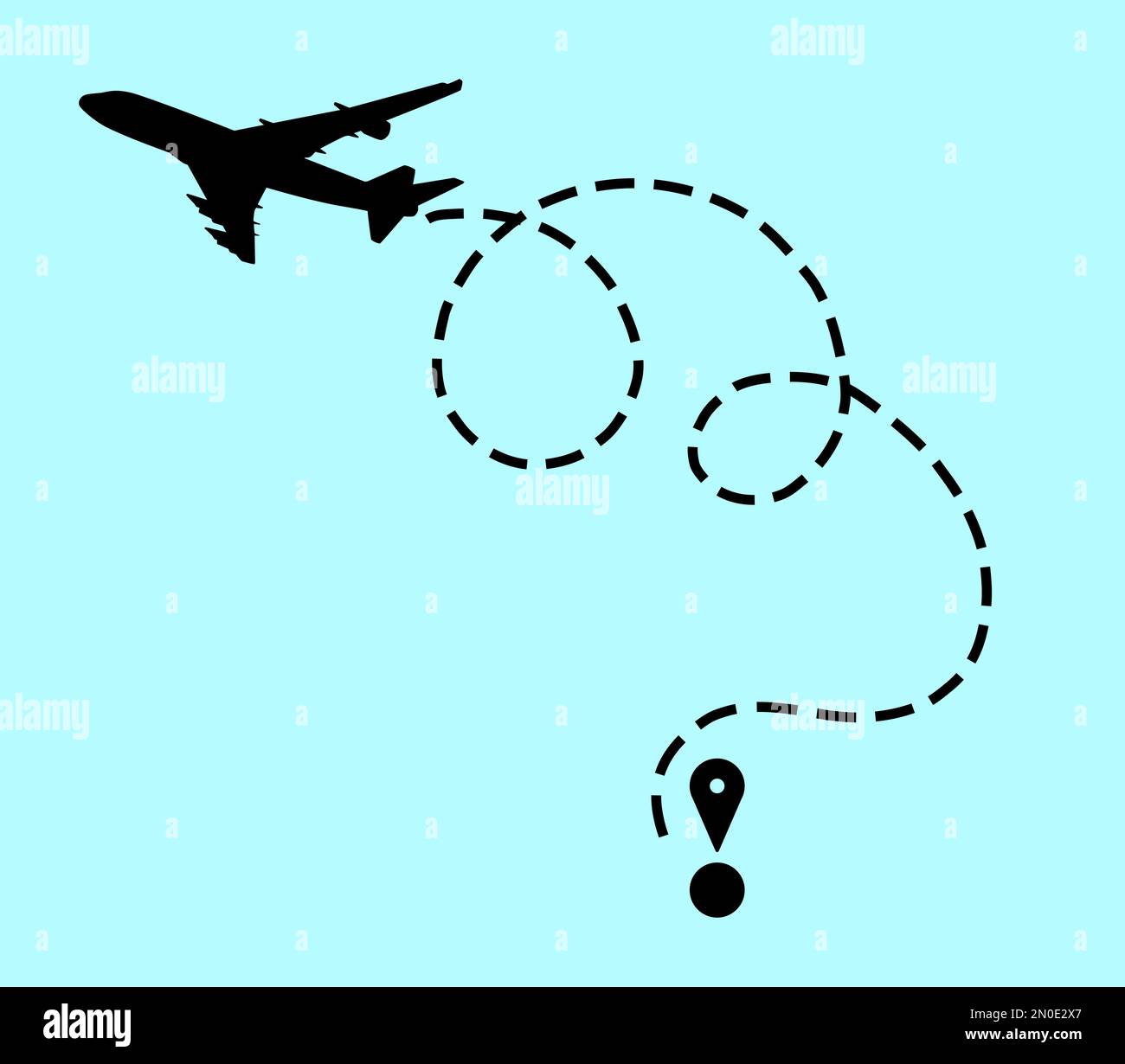 Flight direction illustration. Plane silhouette and pin connected by ...