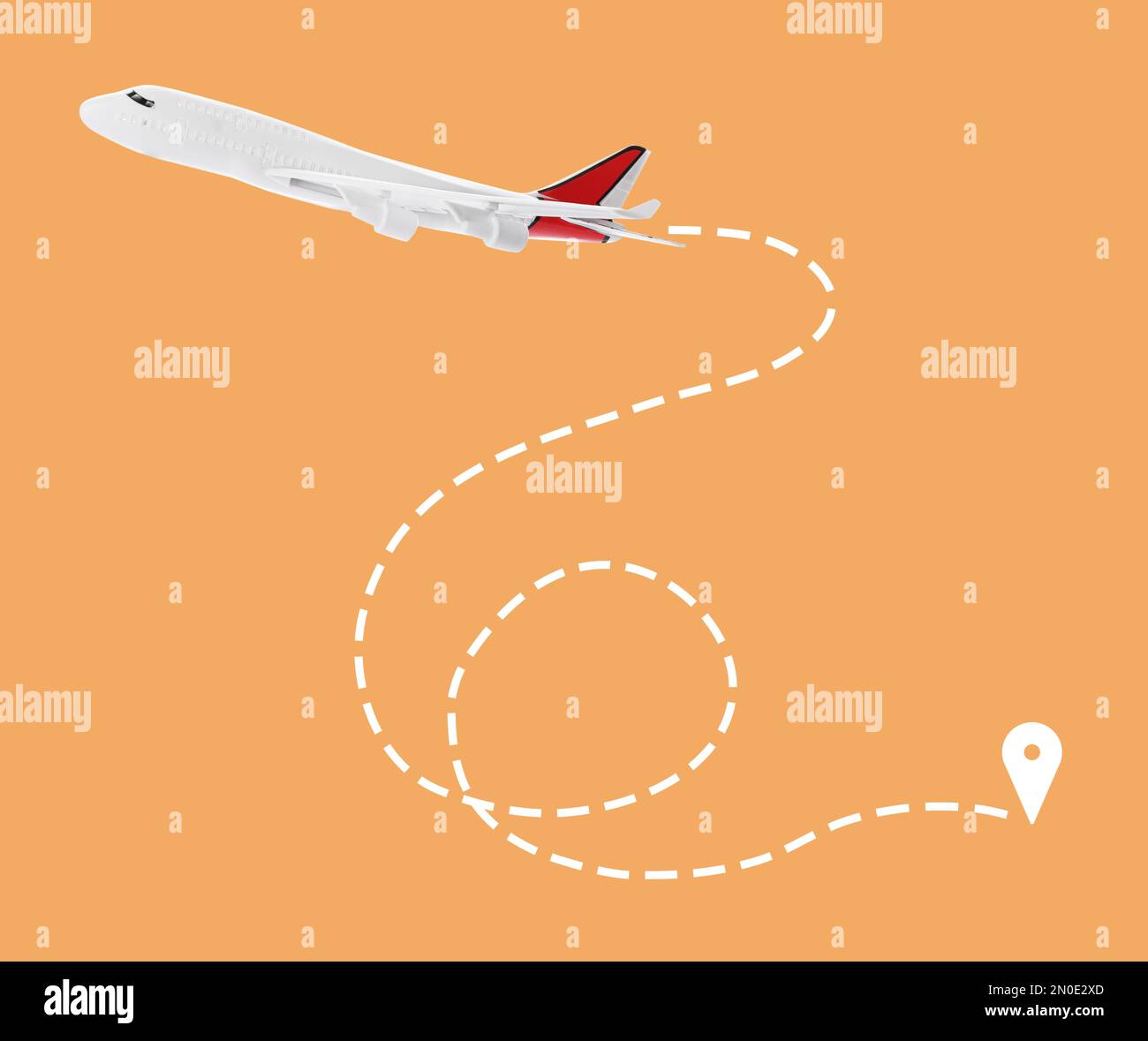 Flight direction illustration. Plane and pin connected by dashed line ...