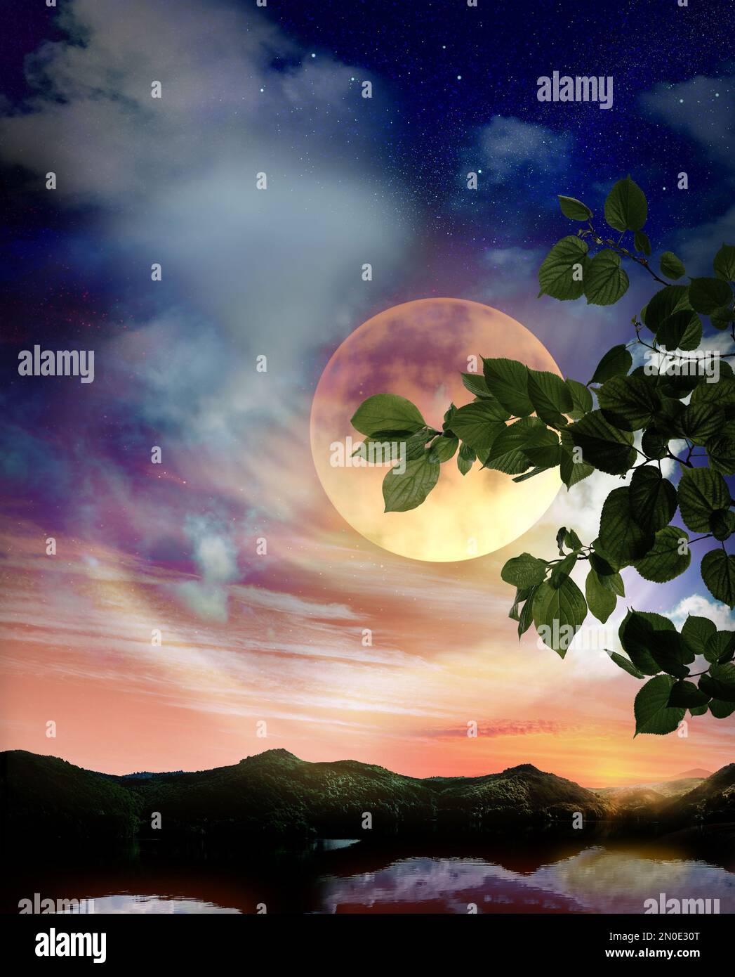 Fantasy world. Tree branch and full moon in starry sky over mountains ...