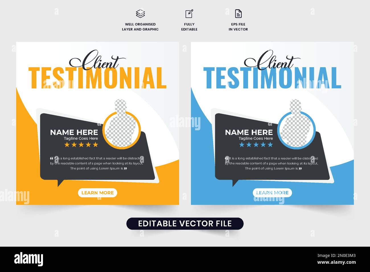 Client testimonial and review template vector with yellow and blue ...