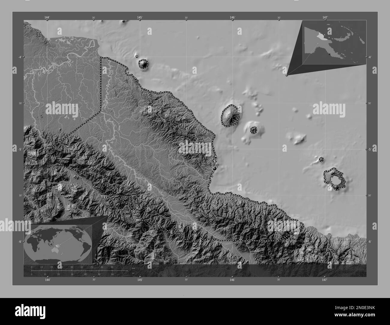 Madang, province of Papua New Guinea. Bilevel elevation map with lakes ...