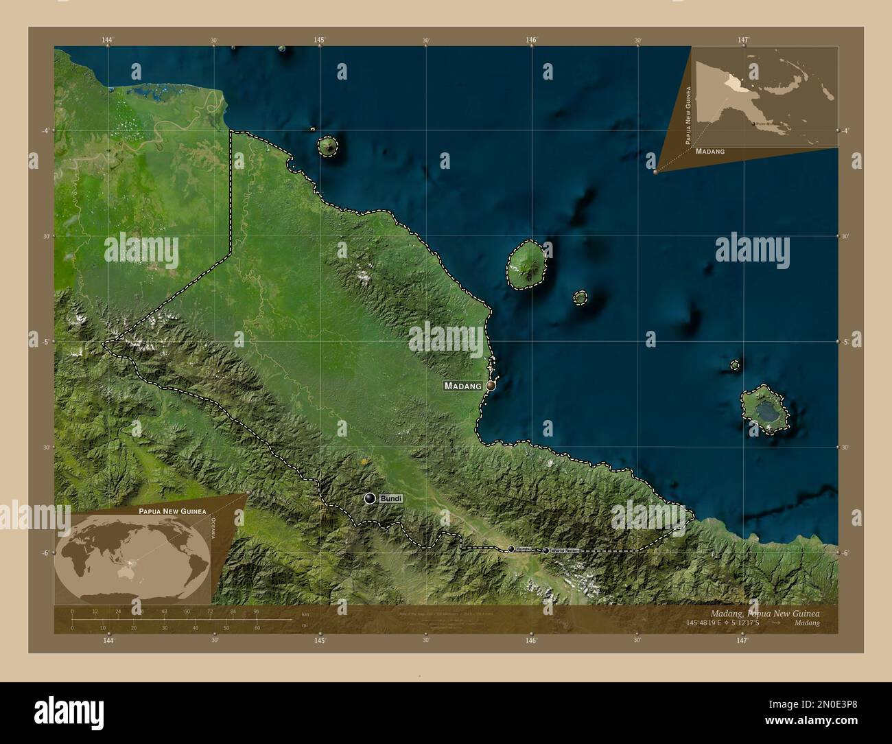 Madang, province of Papua New Guinea. Low resolution satellite map ...