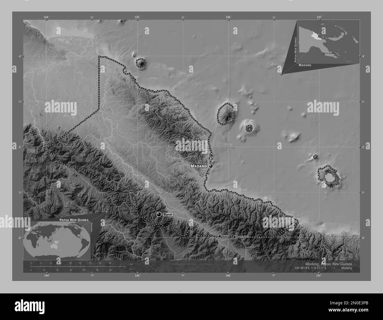 Madang, province of Papua New Guinea. Grayscale elevation map with ...