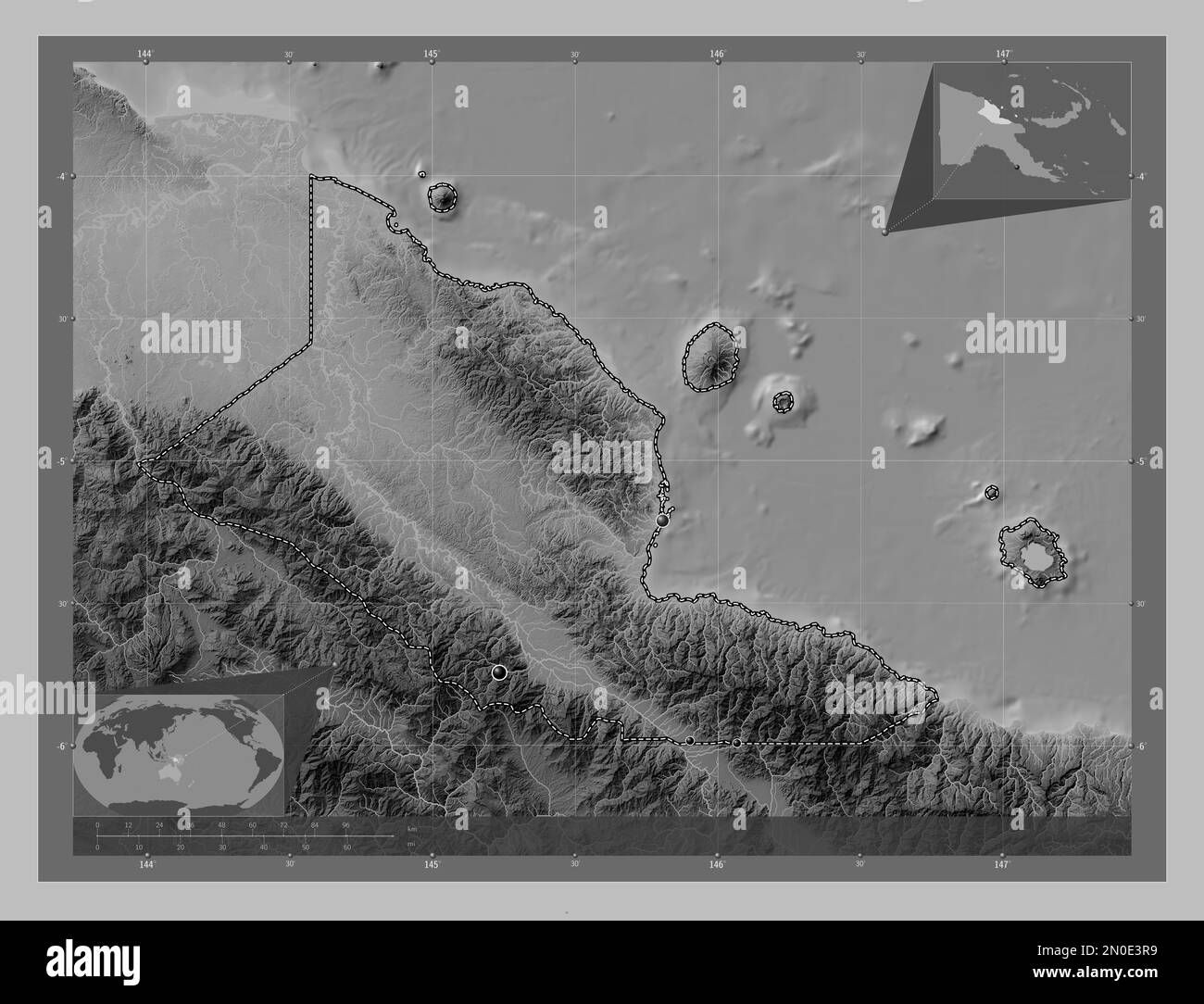 Madang, province of Papua New Guinea. Grayscale elevation map with ...