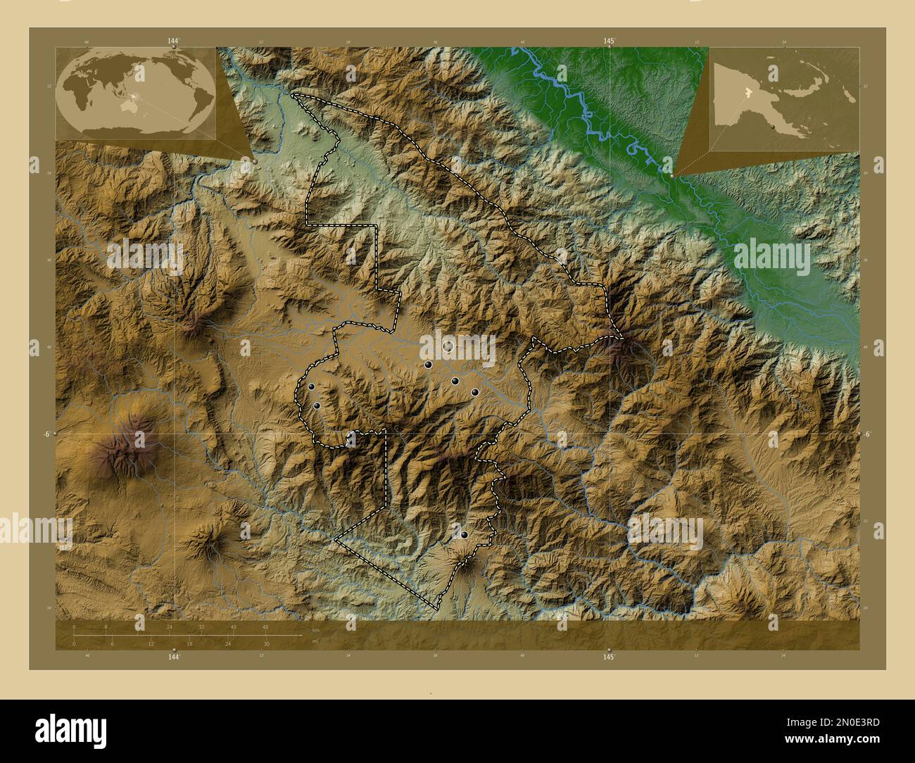 Jiwaka, province of Papua New Guinea. Colored elevation map with lakes ...