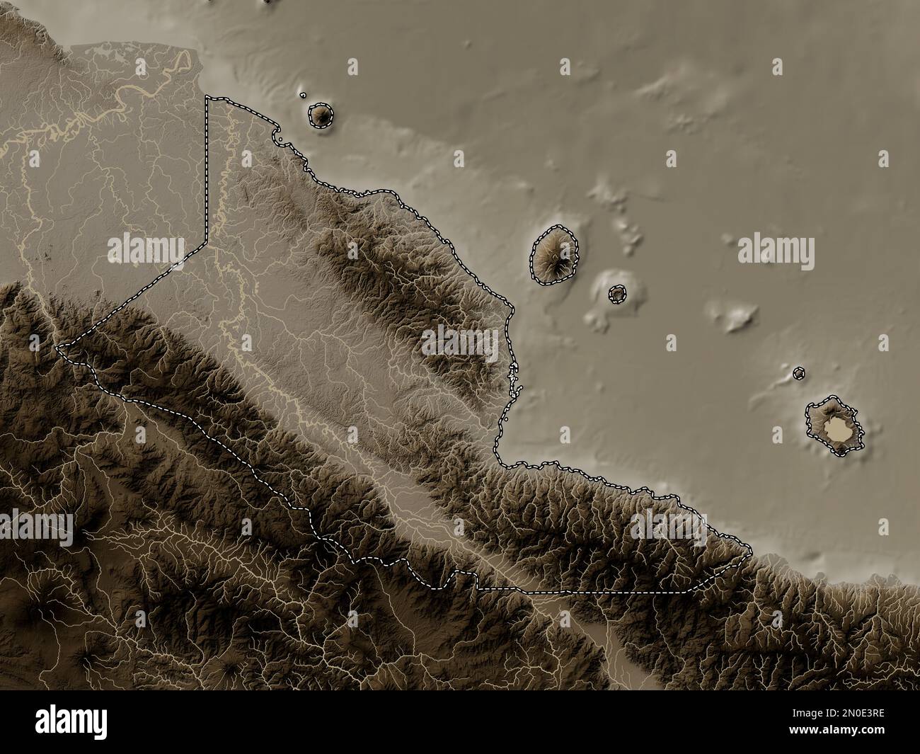 Madang, province of Papua New Guinea. Elevation map colored in sepia ...