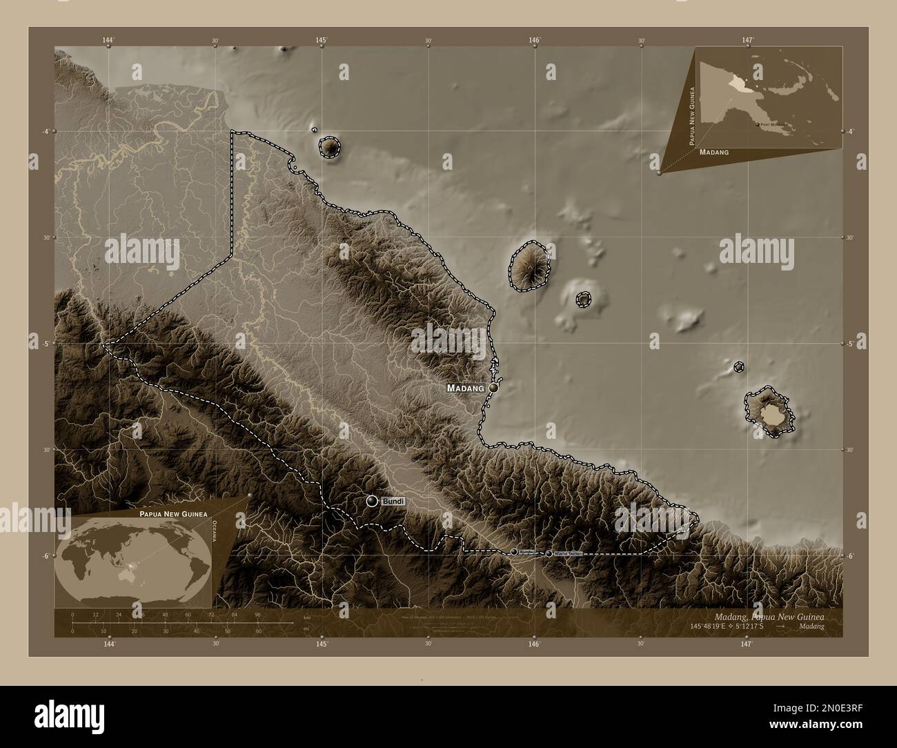 Madang, province of Papua New Guinea. Elevation map colored in sepia ...