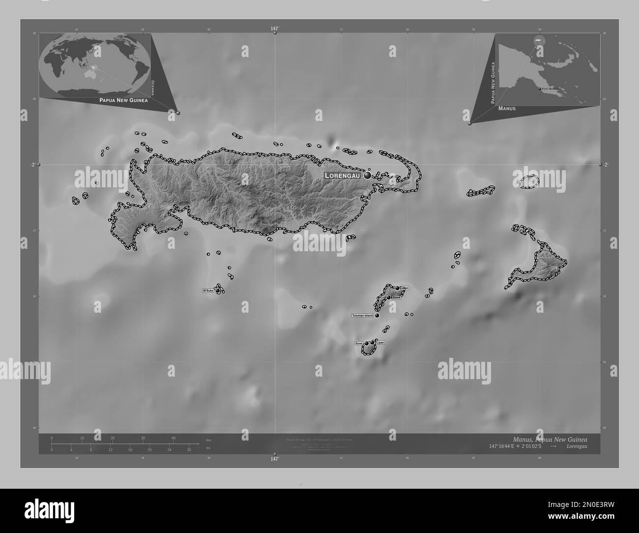 Manus, province of Papua New Guinea. Grayscale elevation map with lakes ...