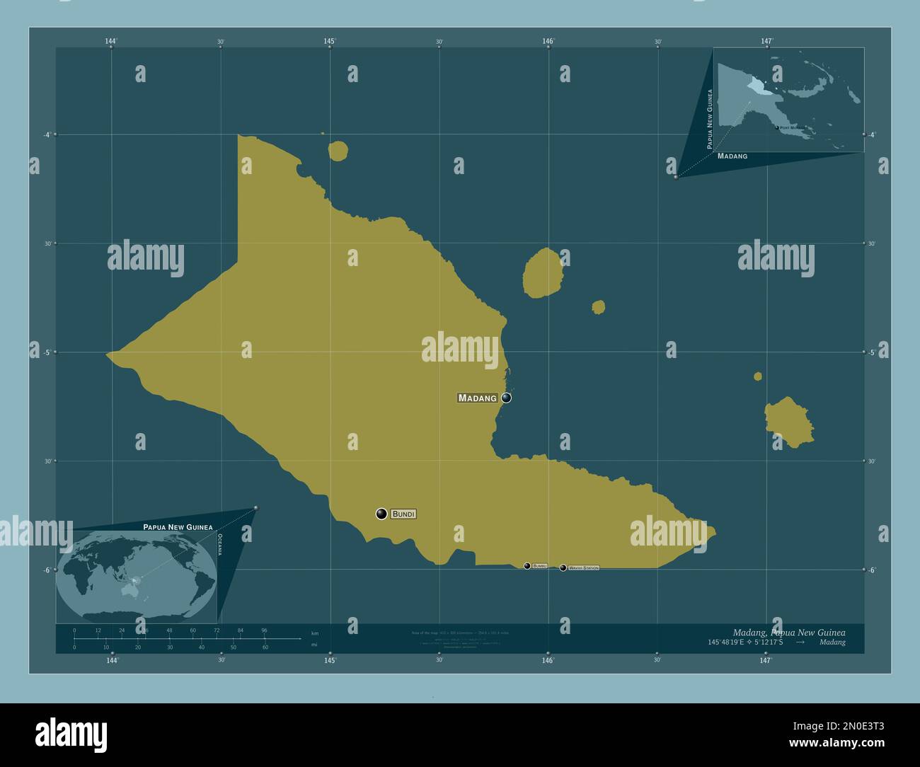 Madang, province of Papua New Guinea. Solid color shape. Locations and ...