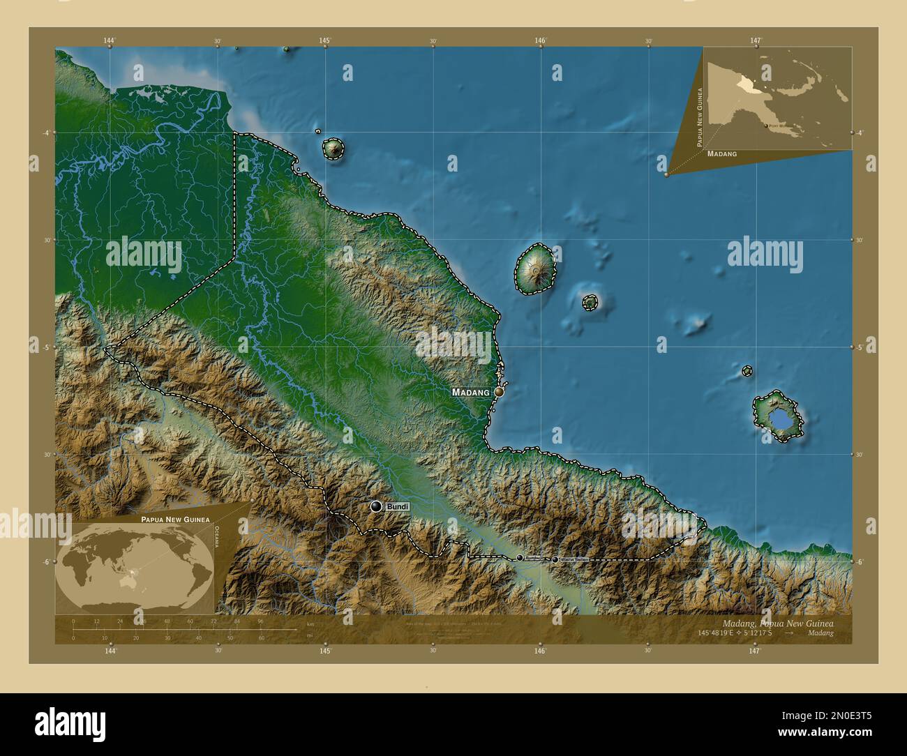 Madang, province of Papua New Guinea. Colored elevation map with lakes ...