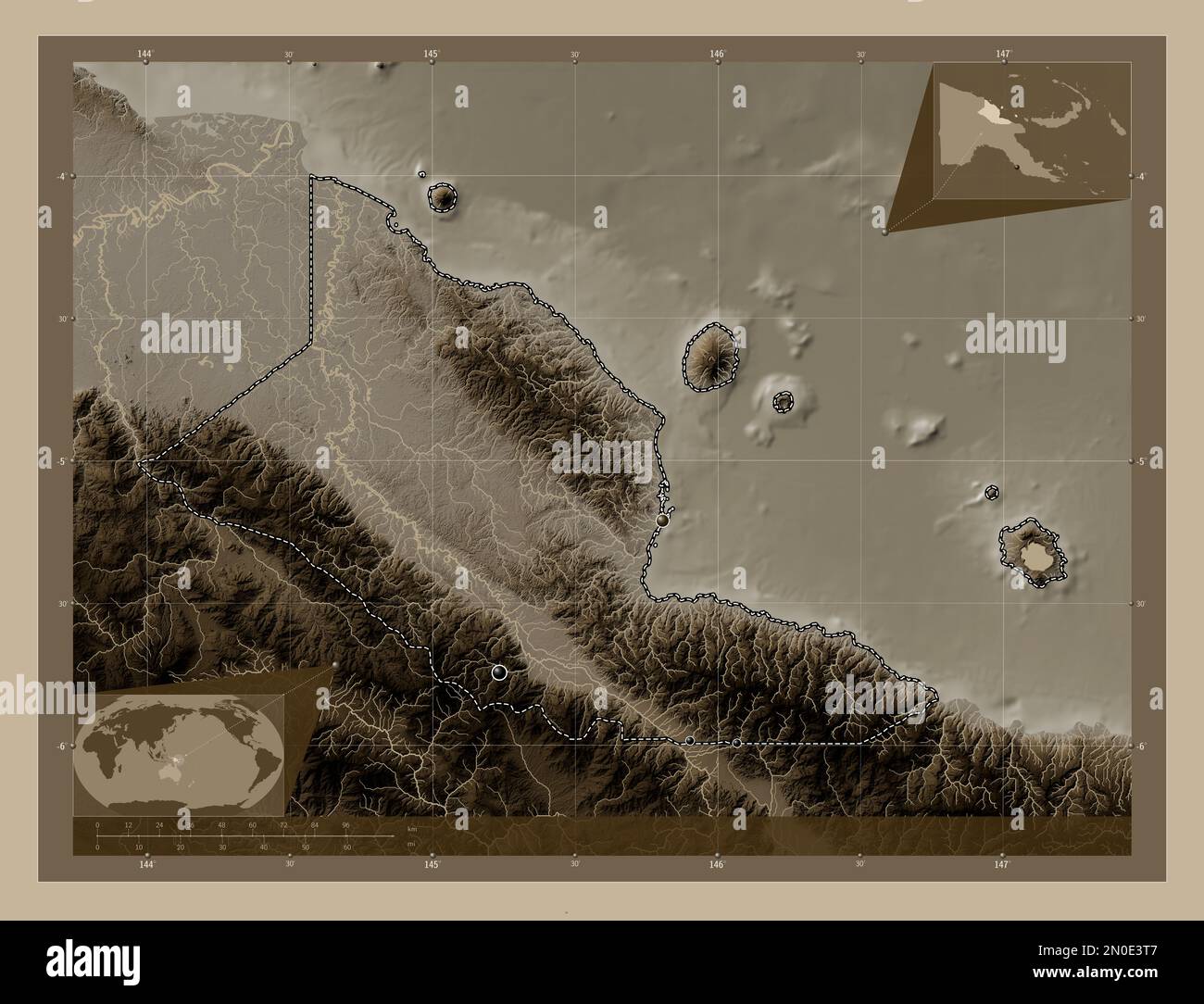 Madang, province of Papua New Guinea. Elevation map colored in sepia ...