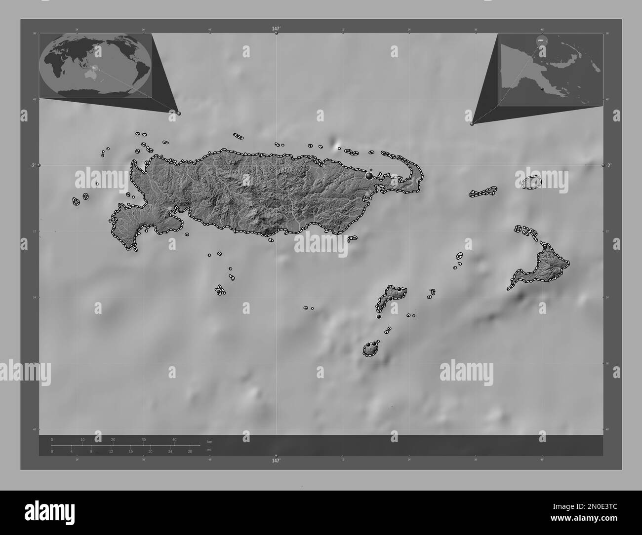 Manus, province of Papua New Guinea. Bilevel elevation map with lakes ...