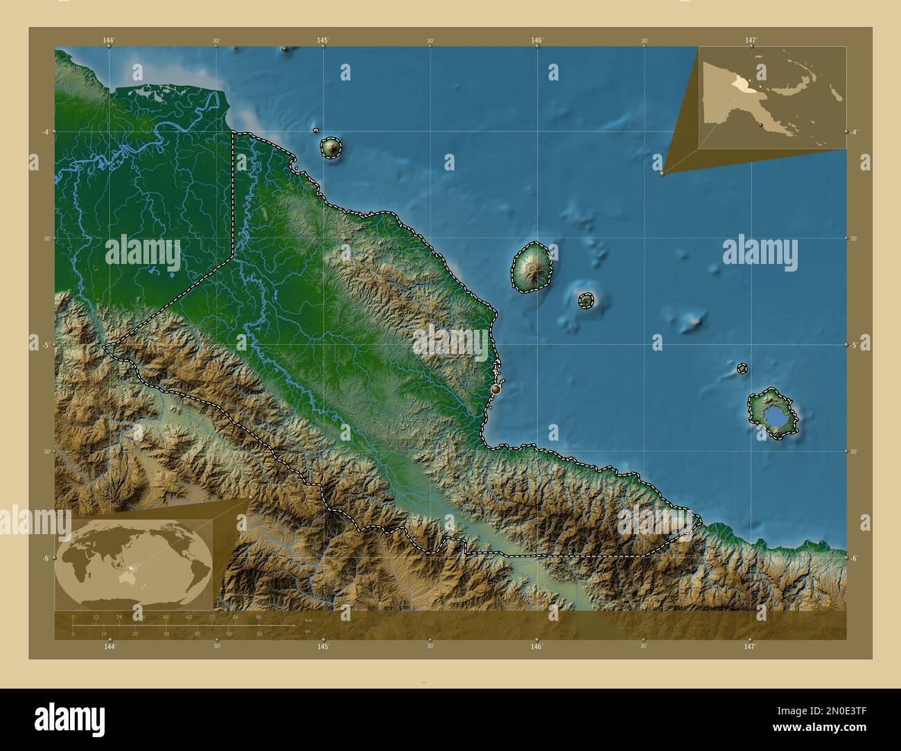 Madang, province of Papua New Guinea. Colored elevation map with lakes ...