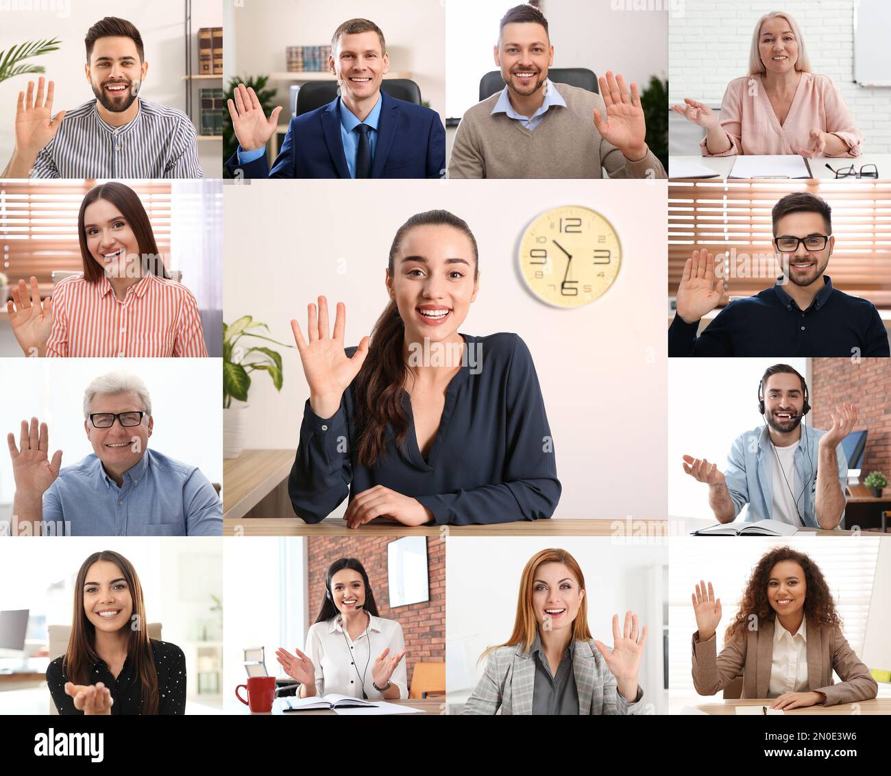 Group video call, online conference. Different people, view from camera ...