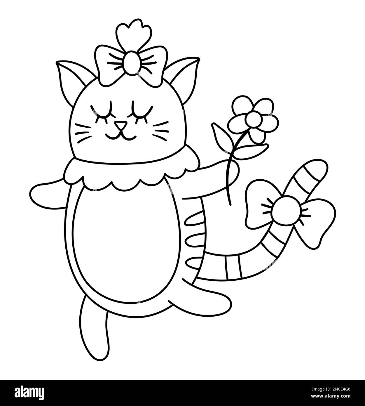Vector cute black and white cat girl with flower. Dancing domestic ...