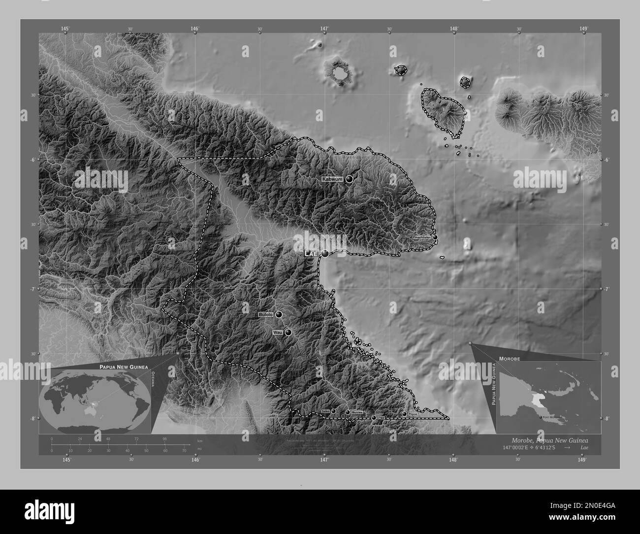 Morobe, province of Papua New Guinea. Grayscale elevation map with ...