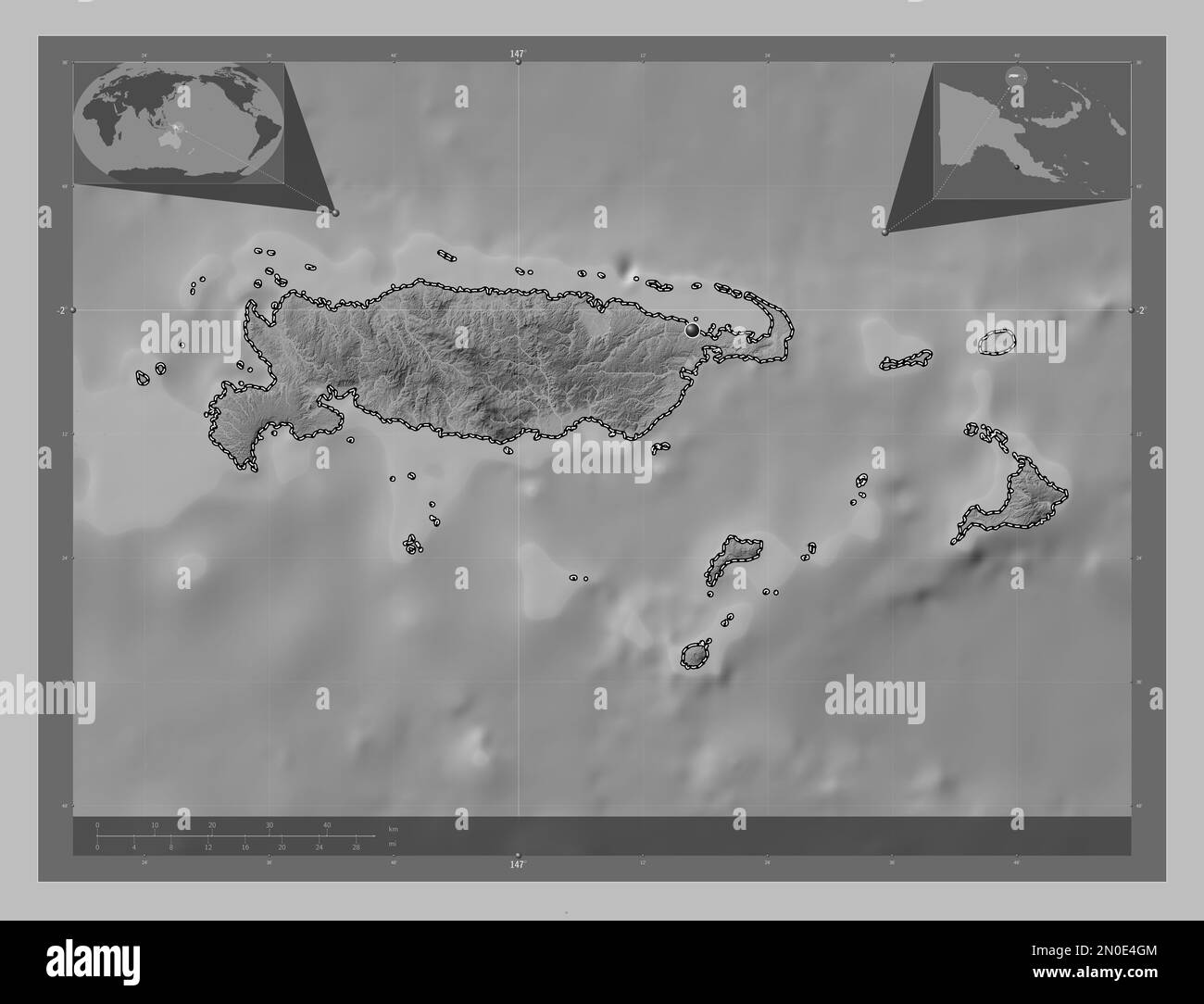 Manus, province of Papua New Guinea. Grayscale elevation map with lakes ...