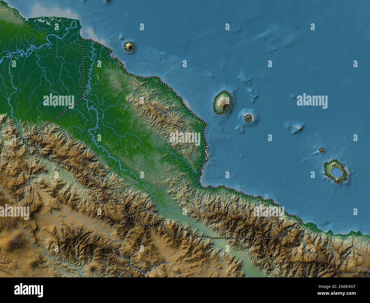 Madang, province of Papua New Guinea. Colored elevation map with lakes ...