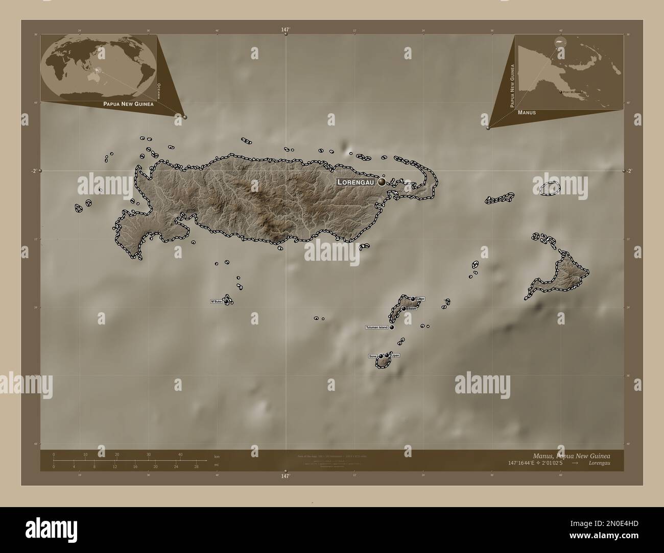 Manus, province of Papua New Guinea. Elevation map colored in sepia ...