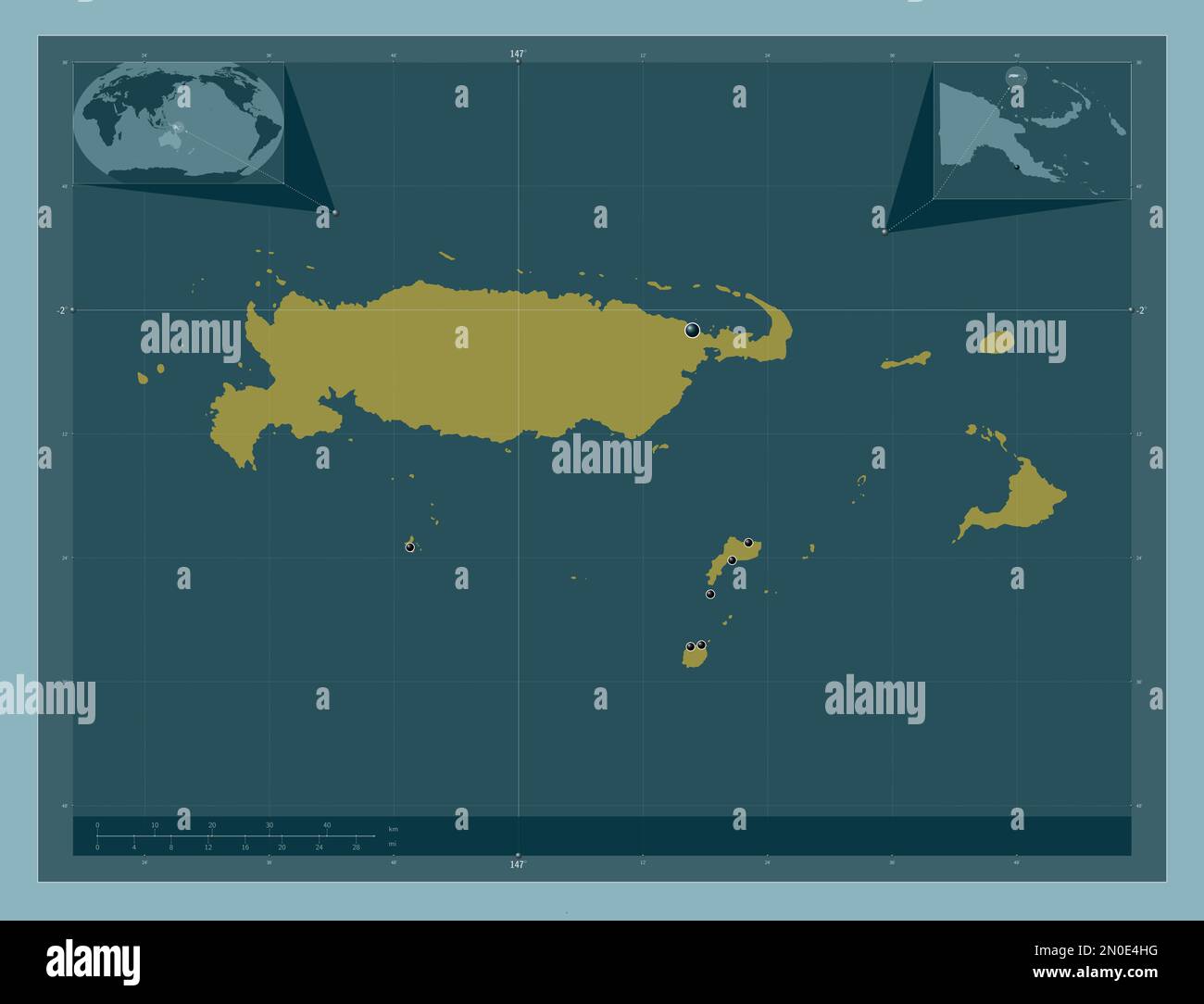 Manus, province of Papua New Guinea. Solid color shape. Locations of ...