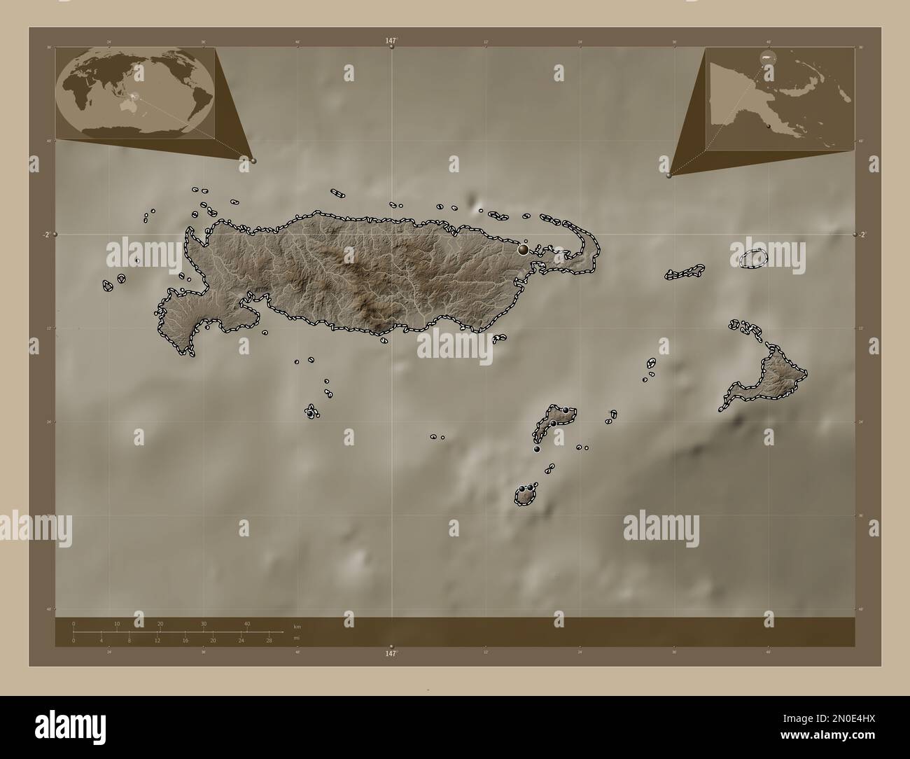 Manus, province of Papua New Guinea. Elevation map colored in sepia ...