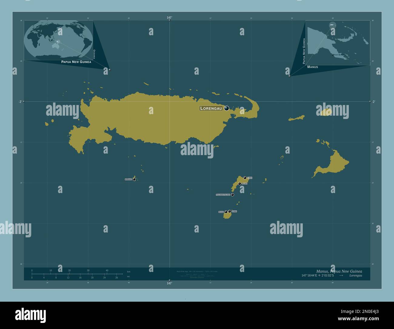 Manus, province of Papua New Guinea. Solid color shape. Locations and ...