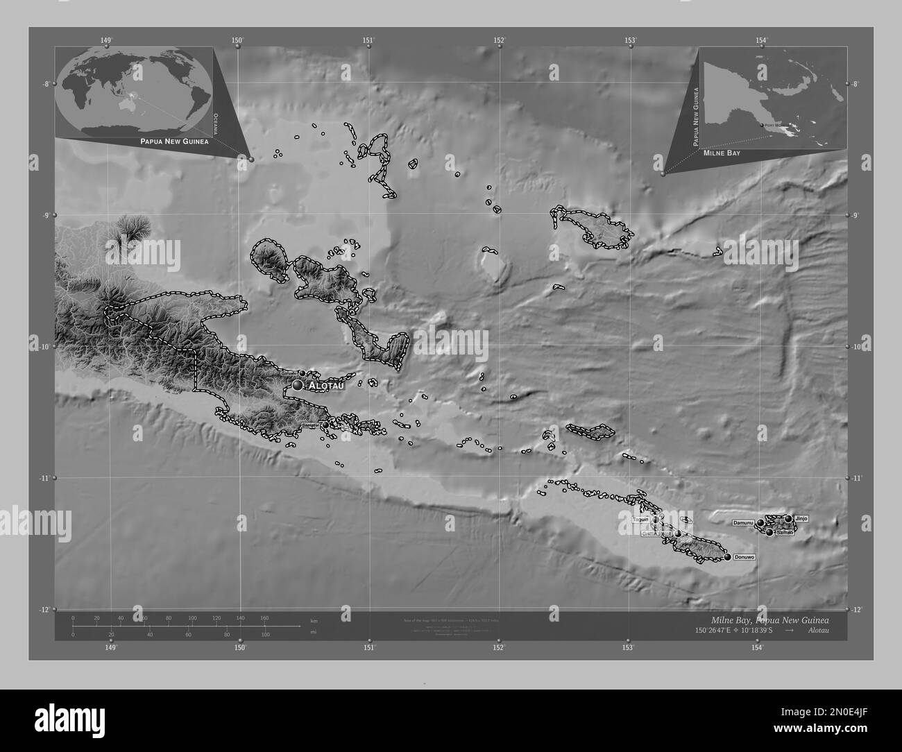 Milne Bay, province of Papua New Guinea. Grayscale elevation map with ...