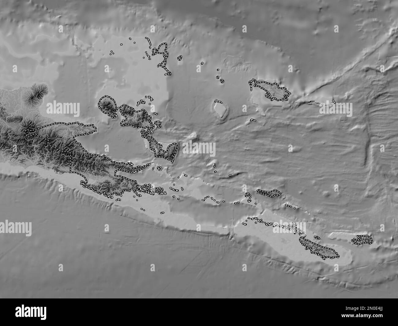 Milne Bay, province of Papua New Guinea. Grayscale elevation map with ...
