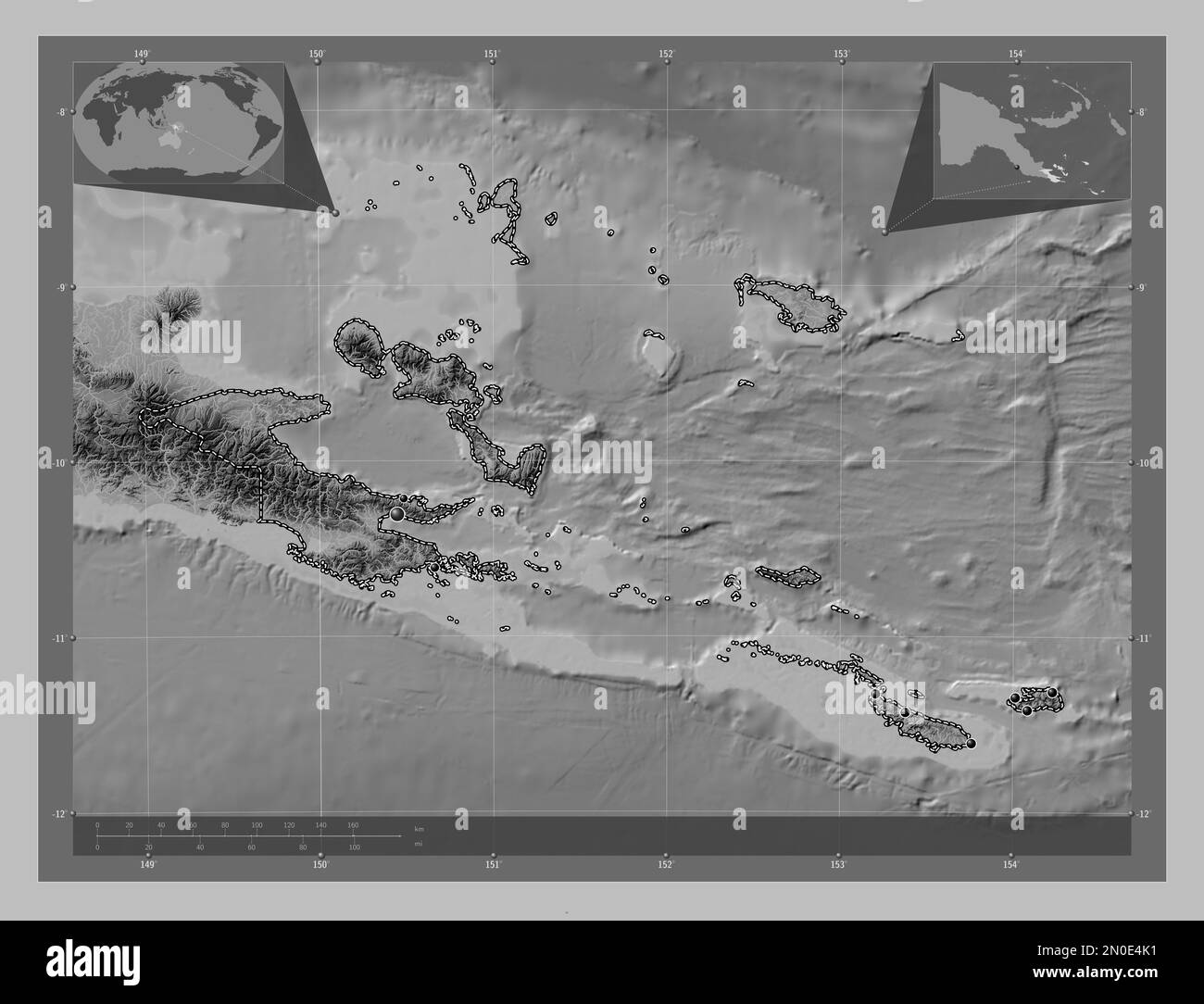 Milne Bay, province of Papua New Guinea. Grayscale elevation map with ...