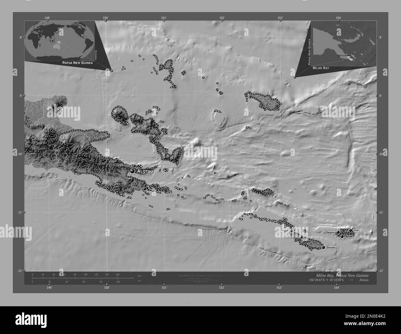 Milne Bay, province of Papua New Guinea. Bilevel elevation map with ...