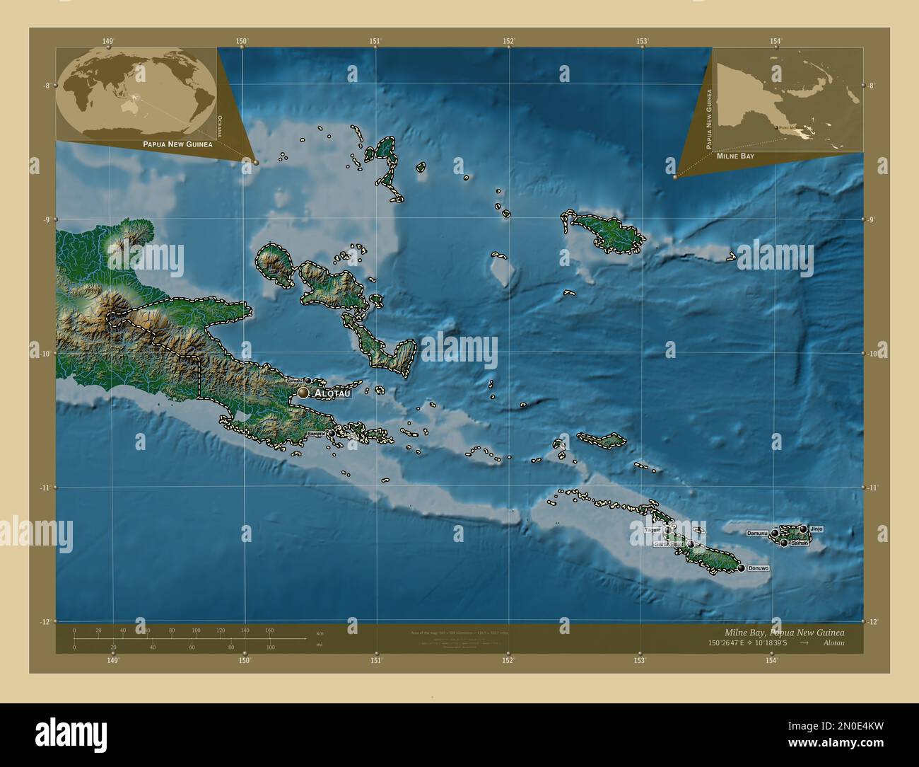 Milne Bay, province of Papua New Guinea. Colored elevation map with ...