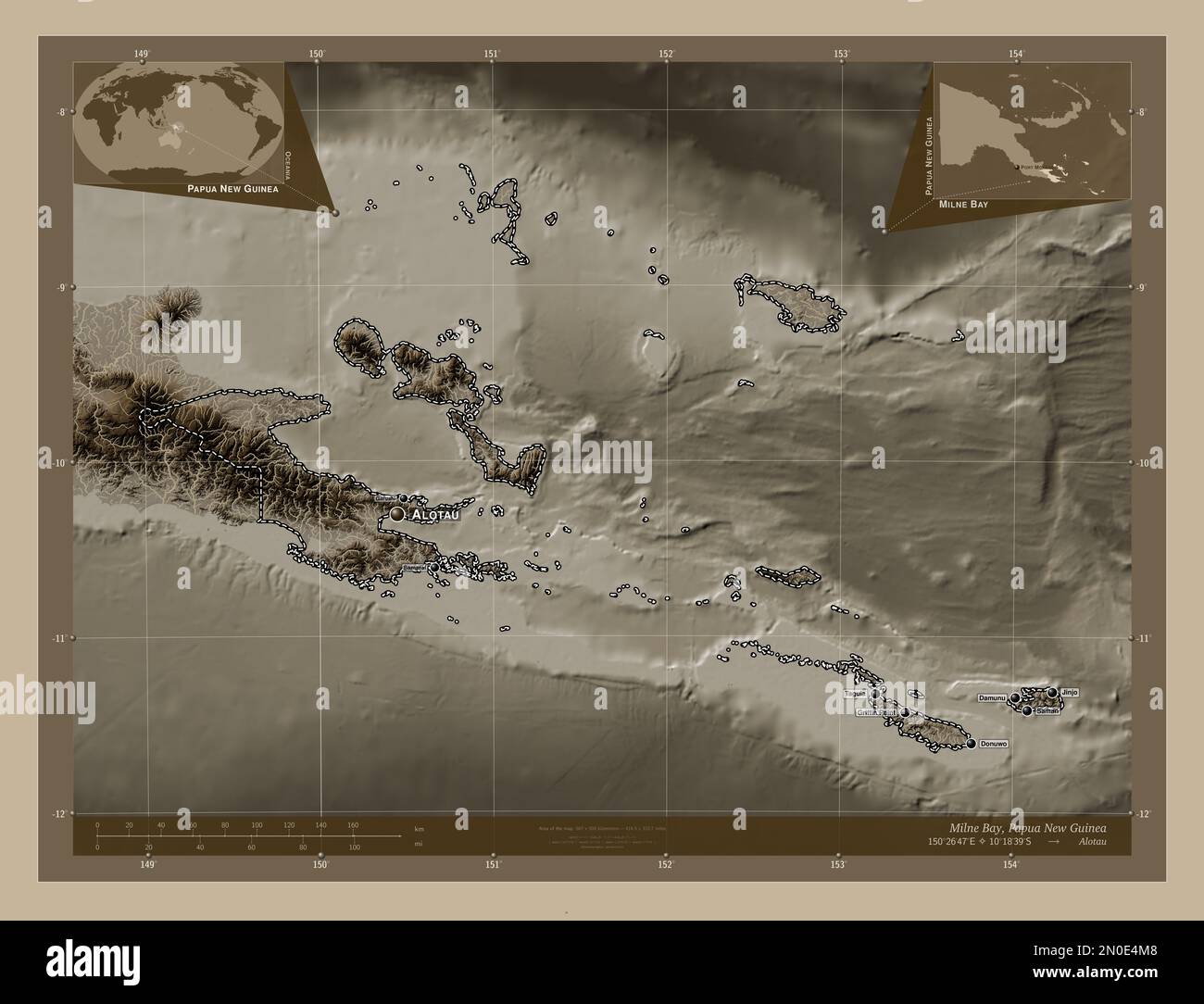 Milne Bay, province of Papua New Guinea. Elevation map colored in sepia ...