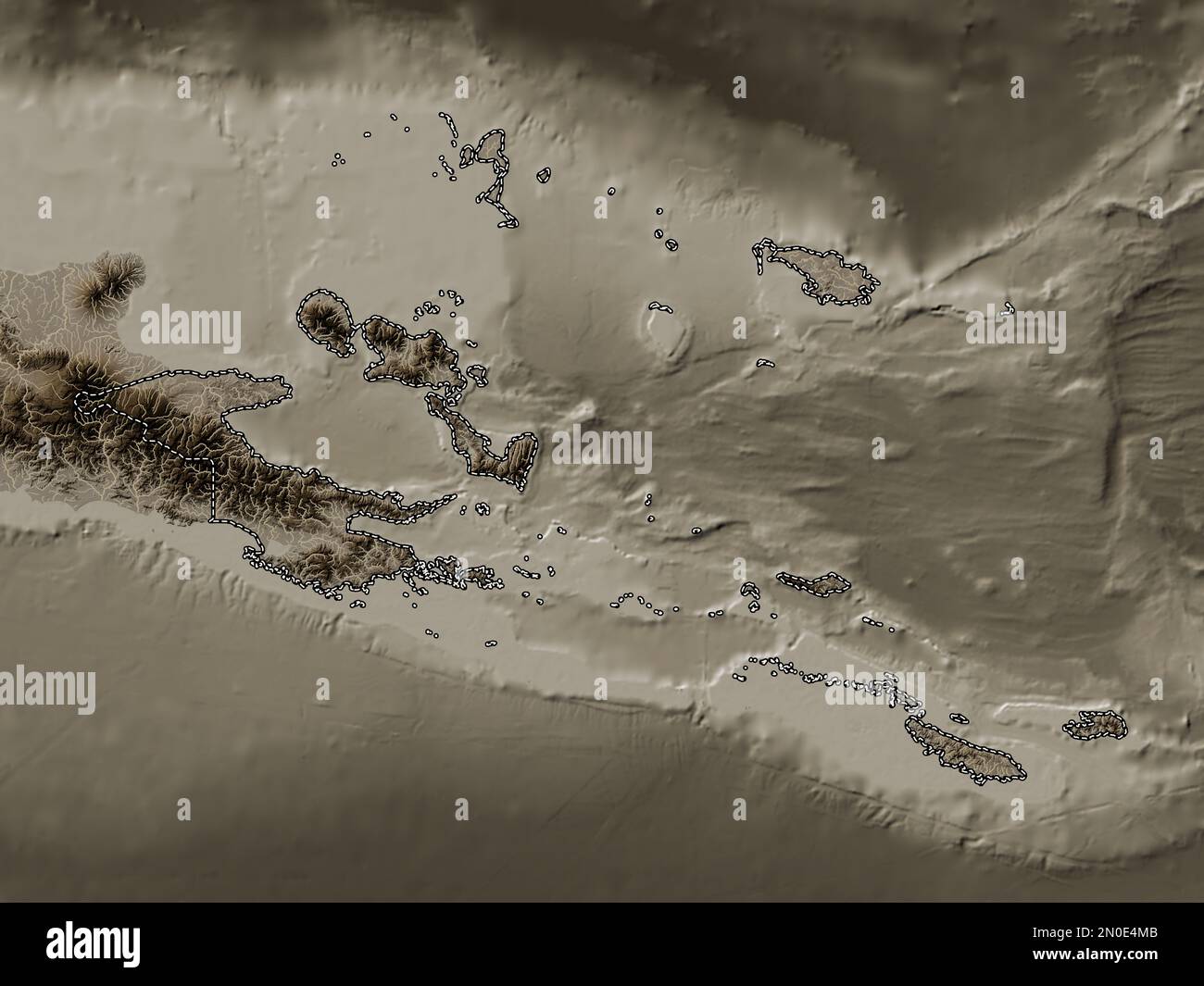 Milne Bay, province of Papua New Guinea. Elevation map colored in sepia ...