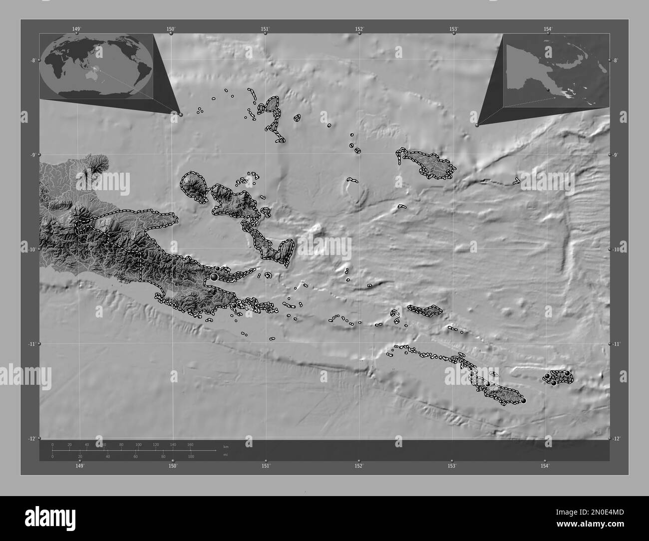 Milne Bay, province of Papua New Guinea. Bilevel elevation map with ...