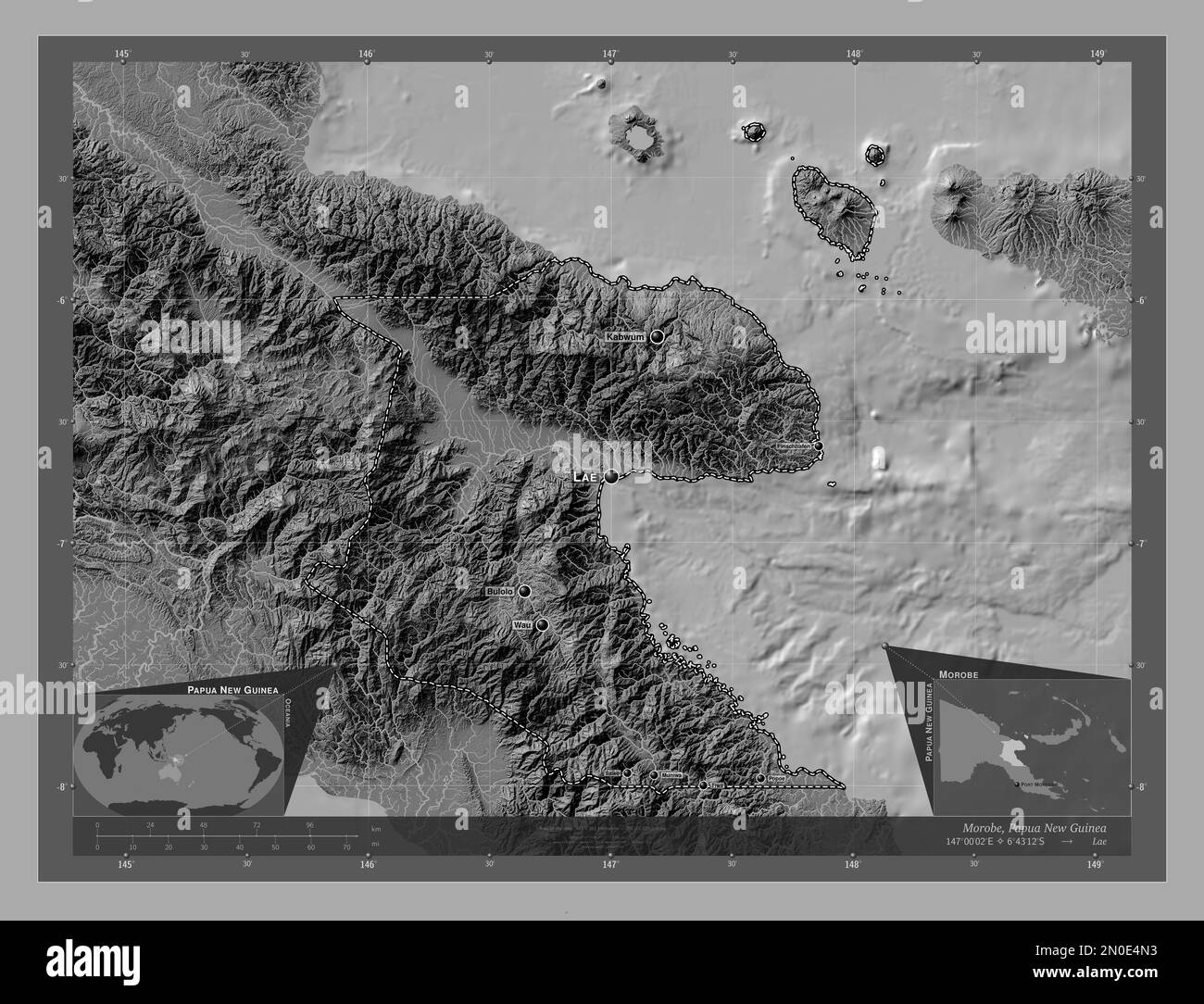 Morobe, province of Papua New Guinea. Bilevel elevation map with lakes ...