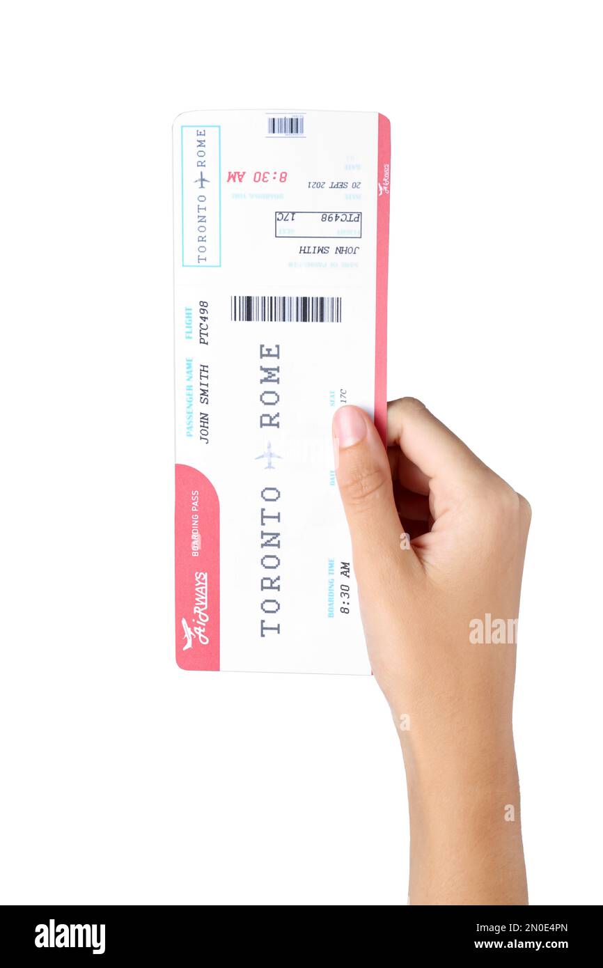 Woman holding ticket on white background, closeup. Travel agency ...