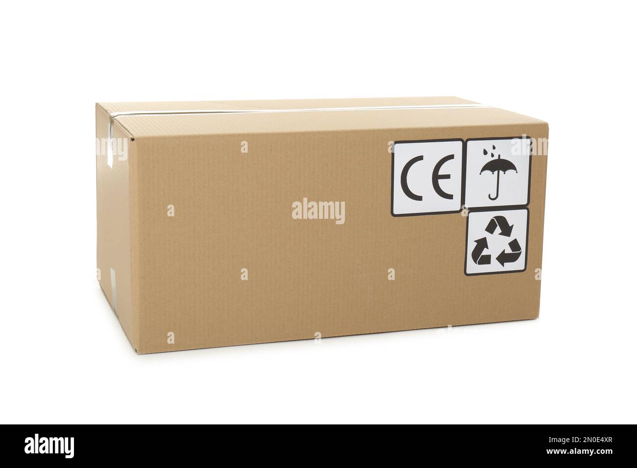Cardboard box with different packaging symbols isolated on white ...