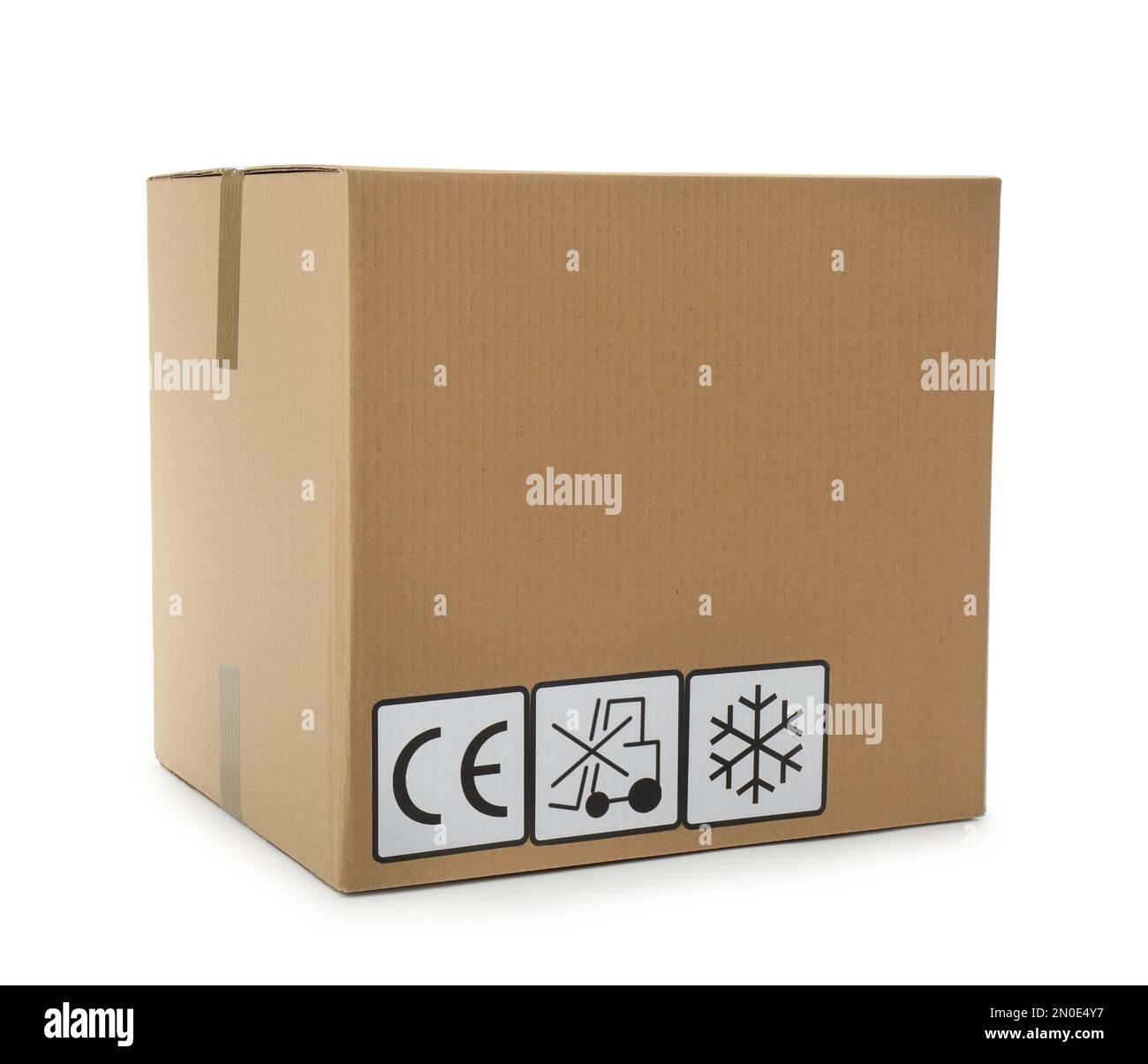 Cardboard box with different packaging symbols isolated on white ...