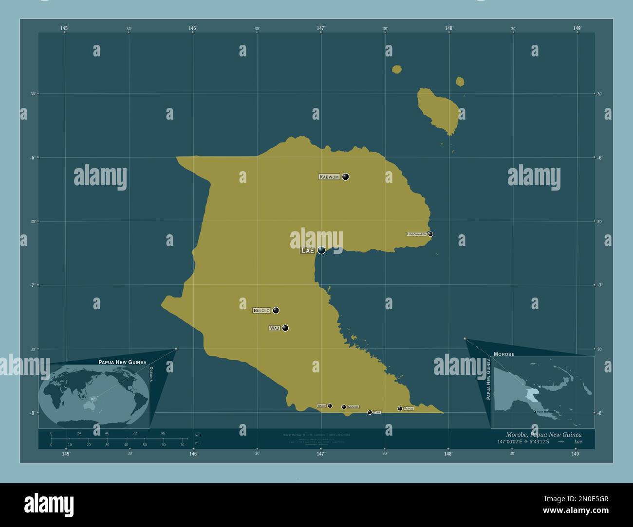 Morobe, province of Papua New Guinea. Solid color shape. Locations and ...