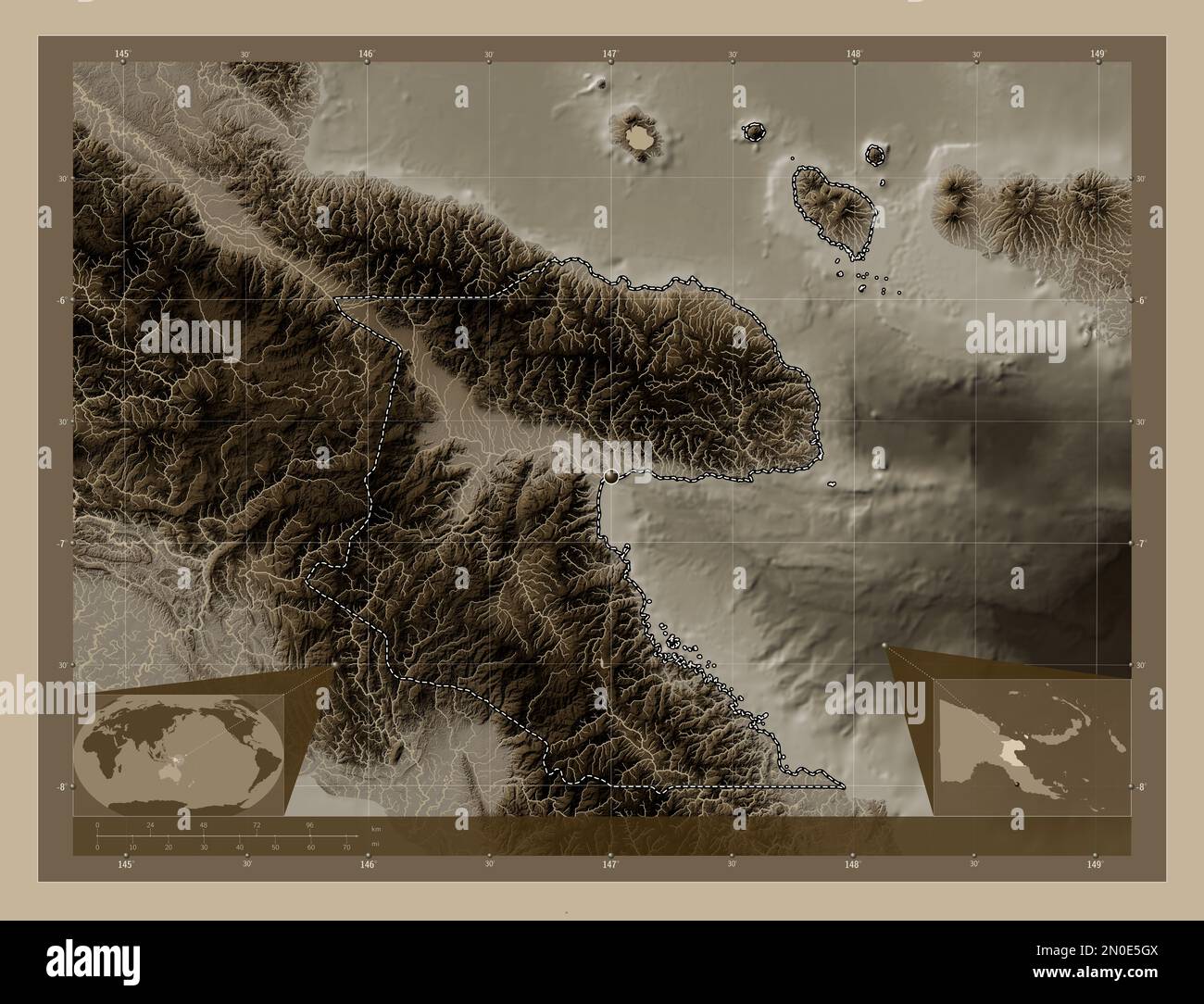 Morobe, province of Papua New Guinea. Elevation map colored in sepia ...