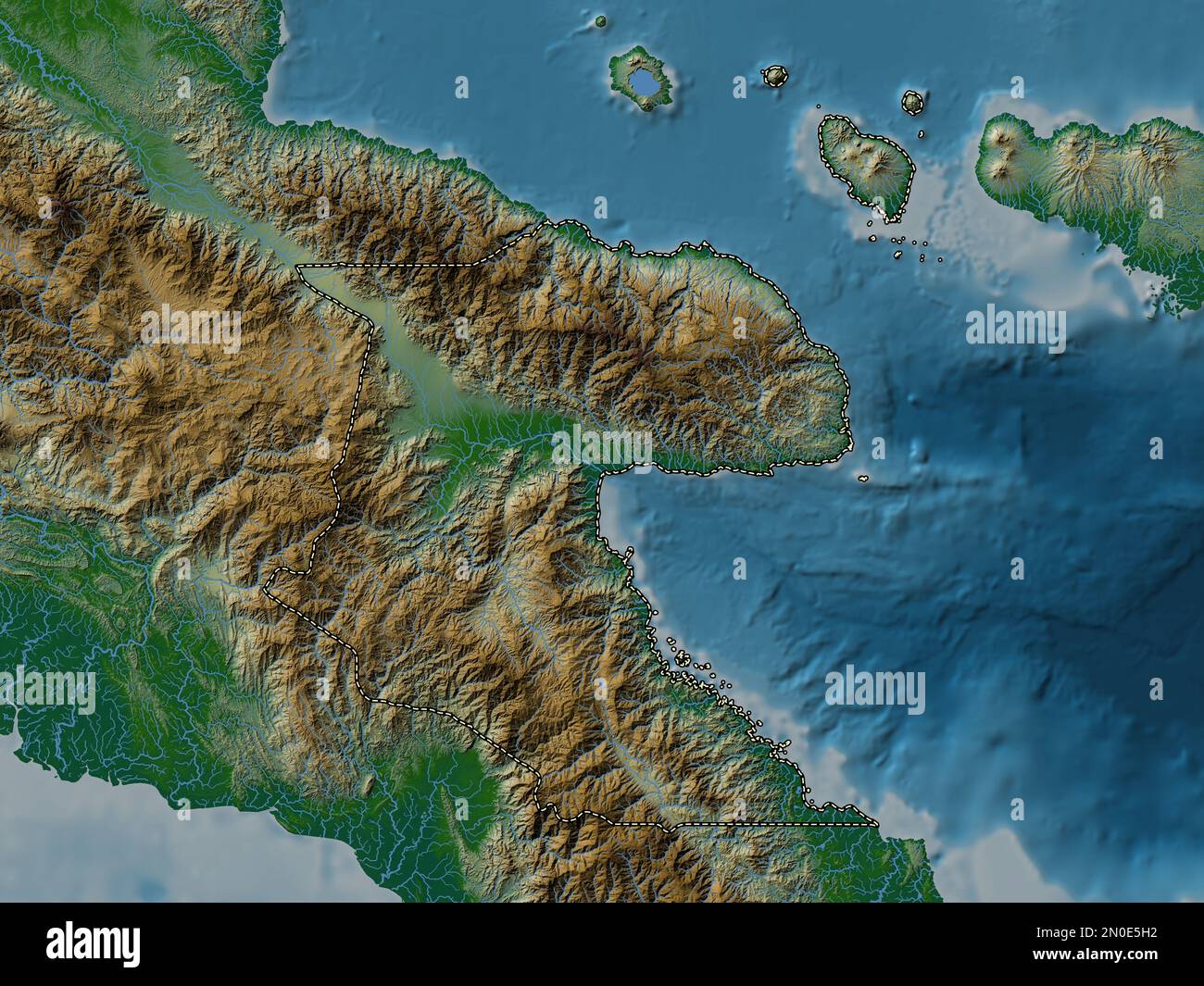 Morobe, province of Papua New Guinea. Colored elevation map with lakes ...