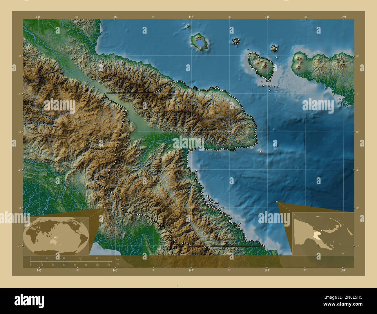 Morobe, province of Papua New Guinea. Colored elevation map with lakes ...