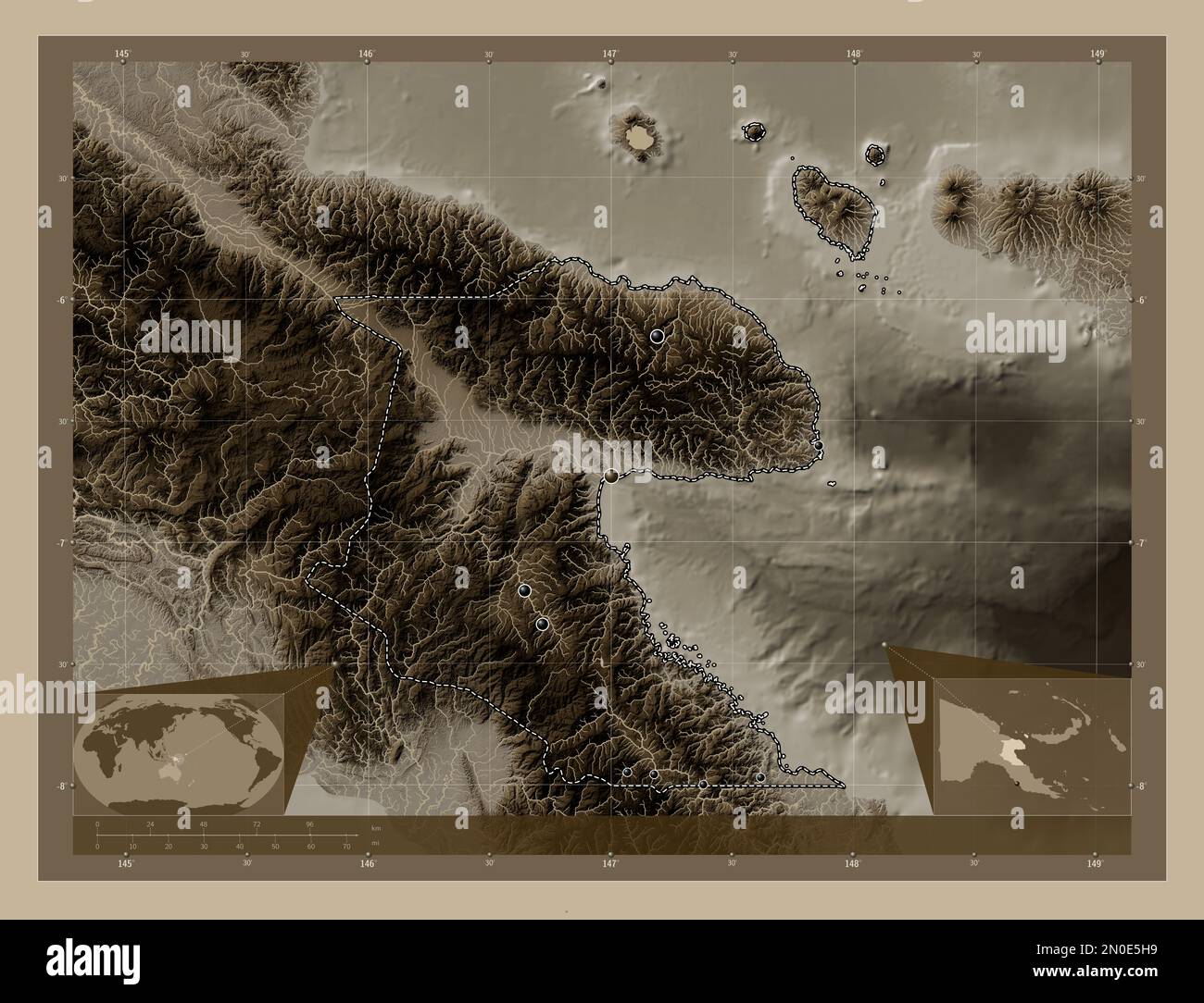 Morobe, province of Papua New Guinea. Elevation map colored in sepia ...