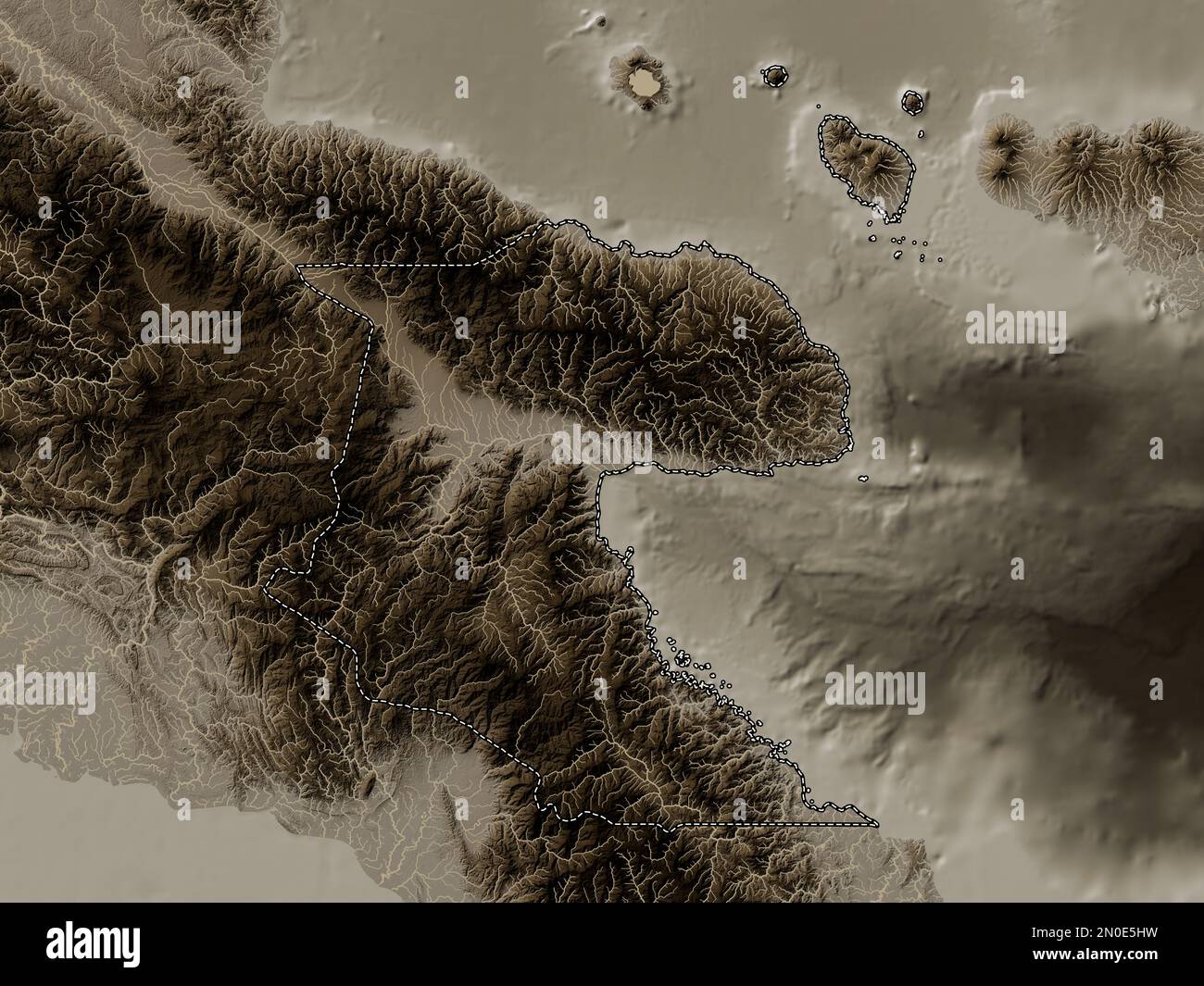 Morobe, province of Papua New Guinea. Elevation map colored in sepia ...