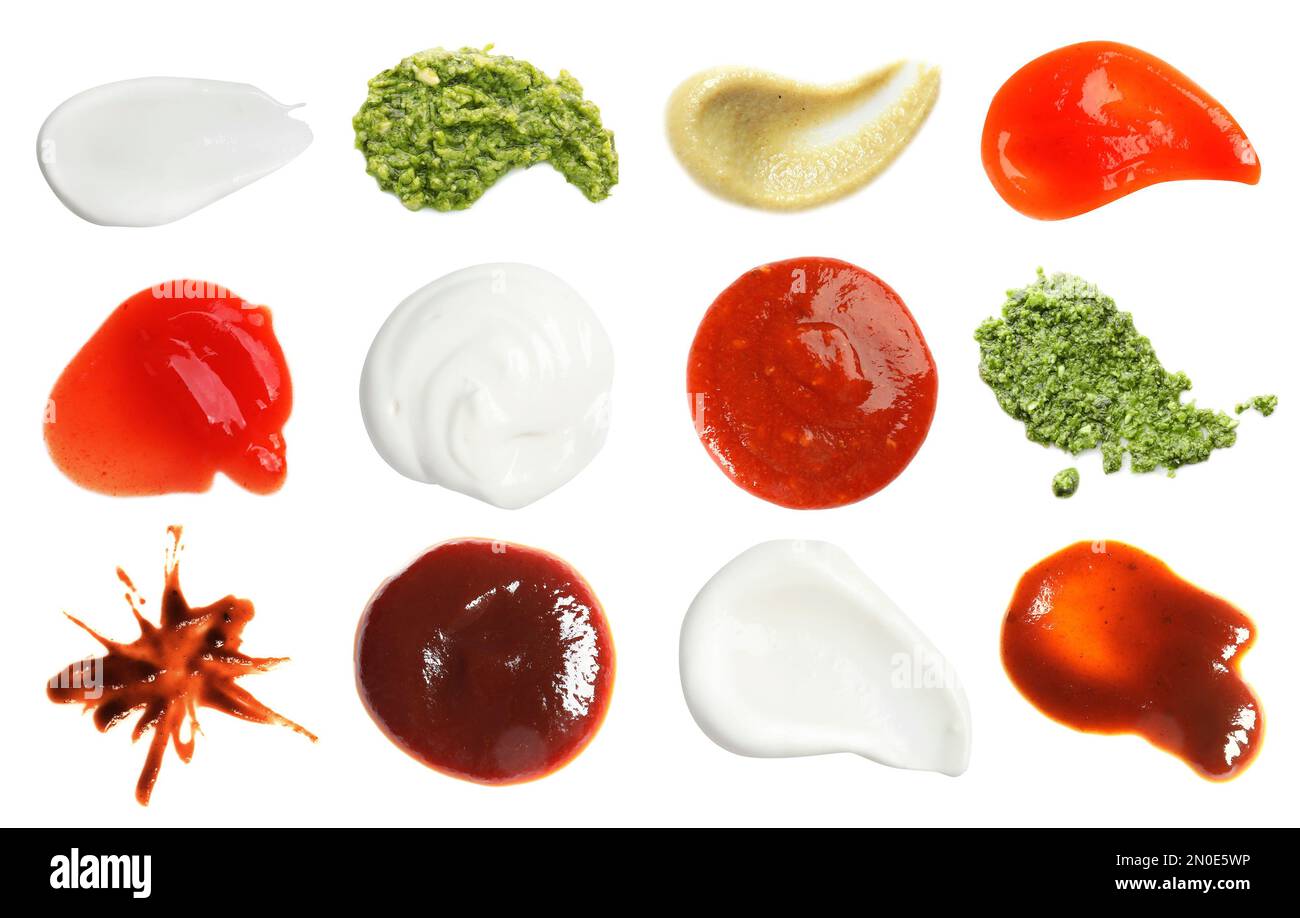 Set with samples of different sauces on white background Stock Photo ...